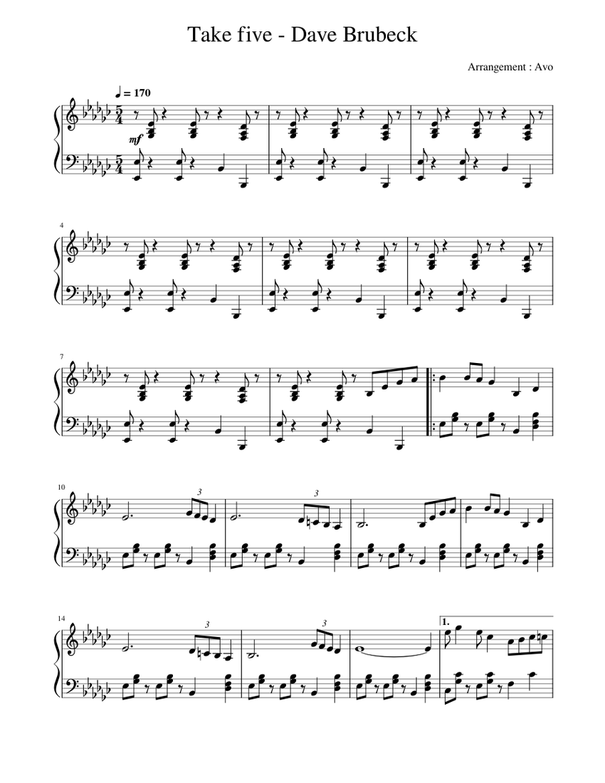Take Five - The Dave Brubeck Quartet Sheet Music for Piano (Solo ...
