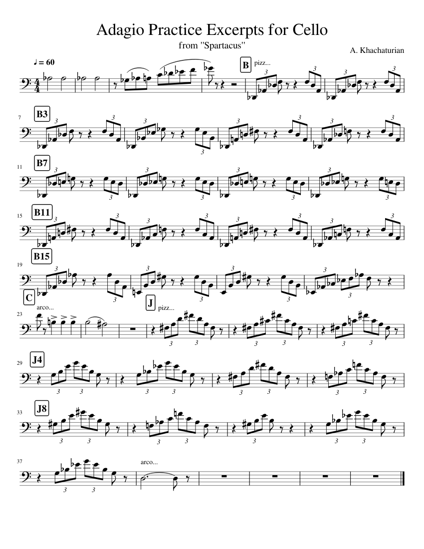 Adagio Practice Excerpts for Cello Sheet Music for Cello (Solo ...