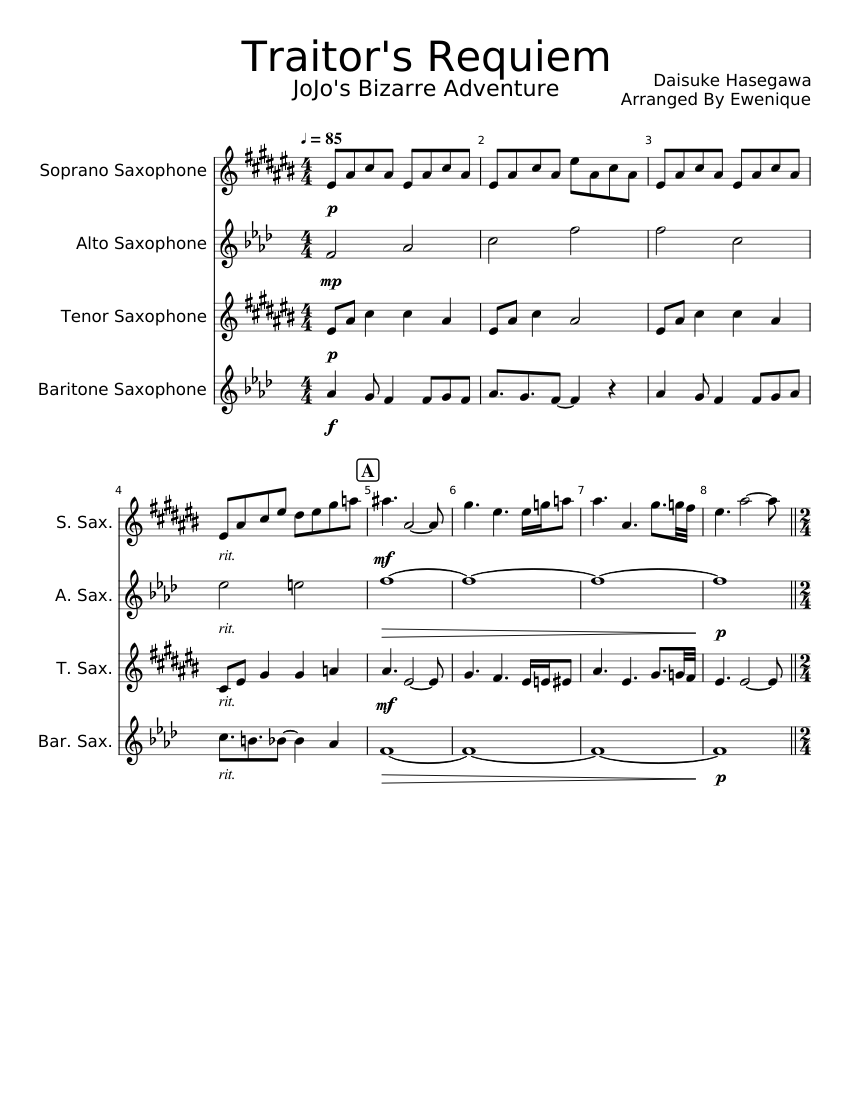 Traitor's Requiem - for Sax Quartet Sheet Music for Saxophone alto ...