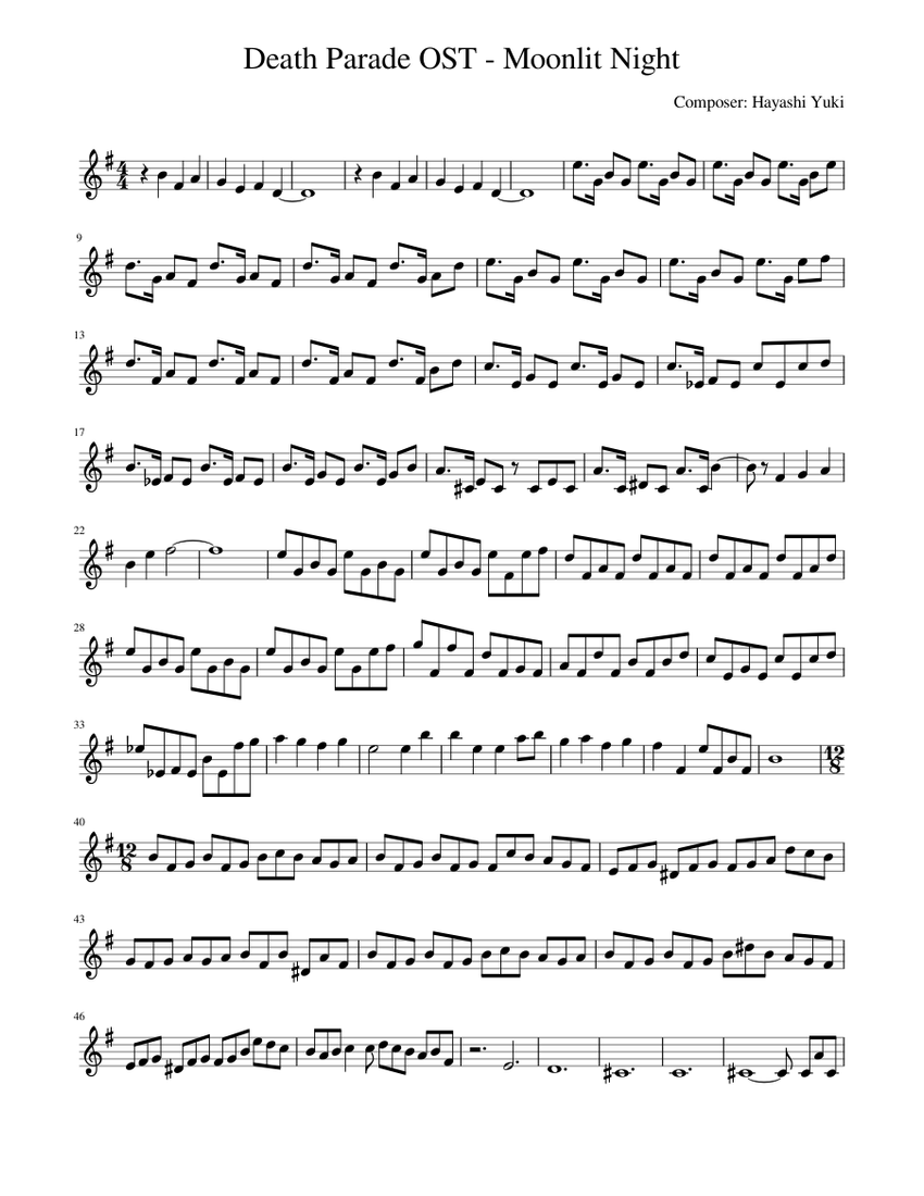 Death Parade OST violin Moonlit Night Sheet music for Violin (Solo ...