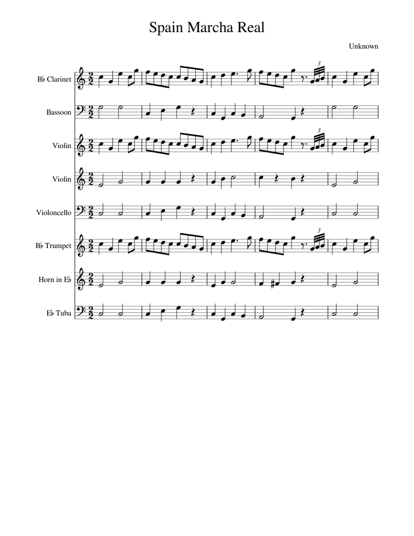 Spain Marcha Real Sheet Music for Tuba, Clarinet in b-flat, Bassoon ...