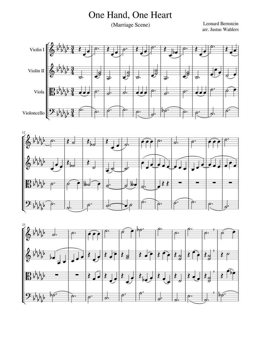 one hand, one heart Sheet Music for Violin, Viola, Cello (String ...