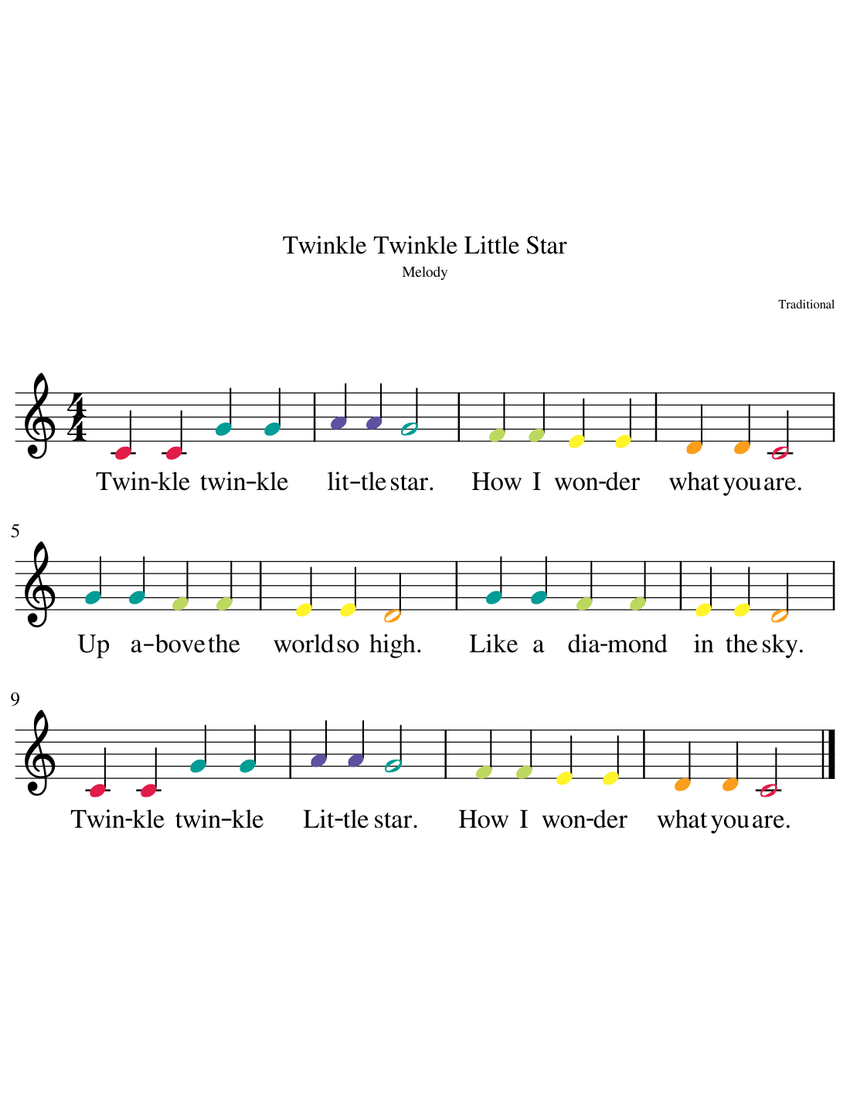 Twinkle Twinkle Little Star Color-Coded Sheet Music for Piano (Solo ...