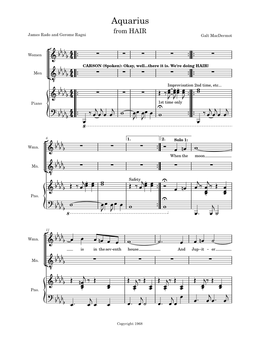 Aquarius – James Rado, Gerome Ragni and Galt MacDermot Sheet music for ...