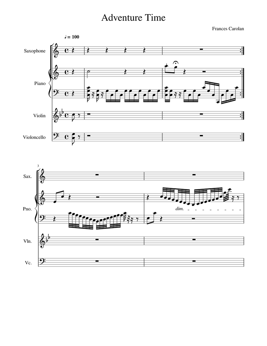 Adventure Time Sheet music for Piano, Violin, Cello, Saxophone other ...