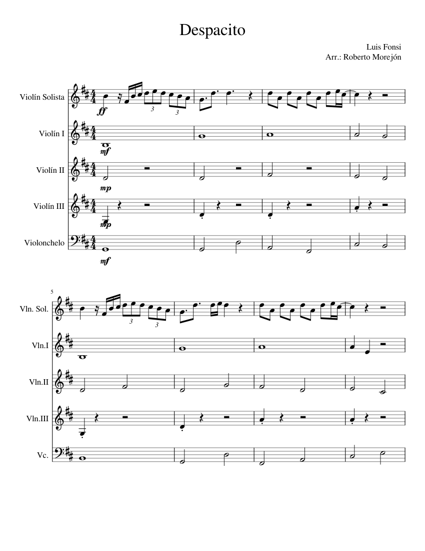 Despacito Sheet Music for Violin, Cello (Mixed Quintet) | MuseScore.com
