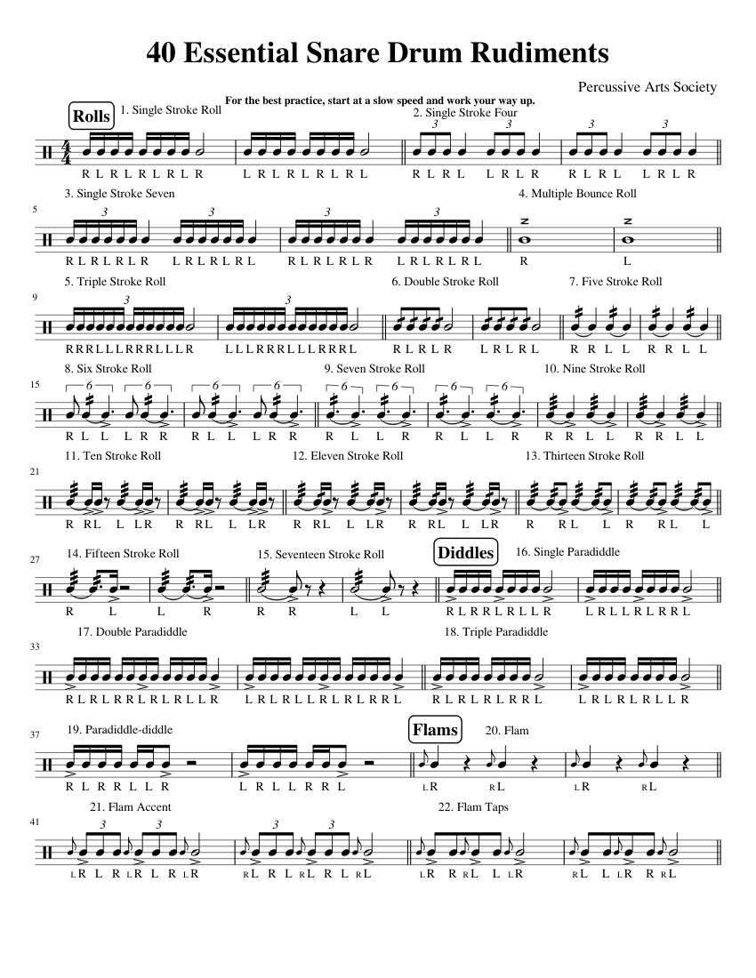 40 Drum Rudiments (Percussive Arts Society) Sheet Music for Snare drum ...