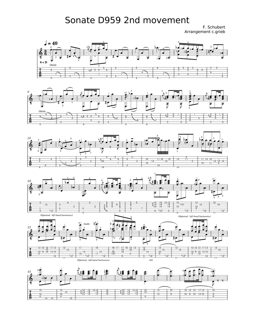 Piano Sonata No. 20 in A Major, D. 959: II. Sonate D959 2nd movement Sheet Music for Guitar ...