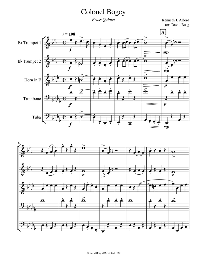 Colonel Bogey-Brass Quintet Sheet Music for Trombone, Tuba, Trumpet in ...