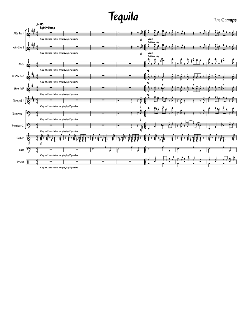 Tequila Sheet music for Trombone, Flute, Clarinet in b-flat, Saxophone ...