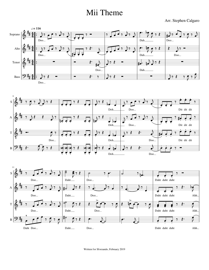 Mii Theme (SATB) Sheet Music for Piano (A Capella) | MuseScore.com