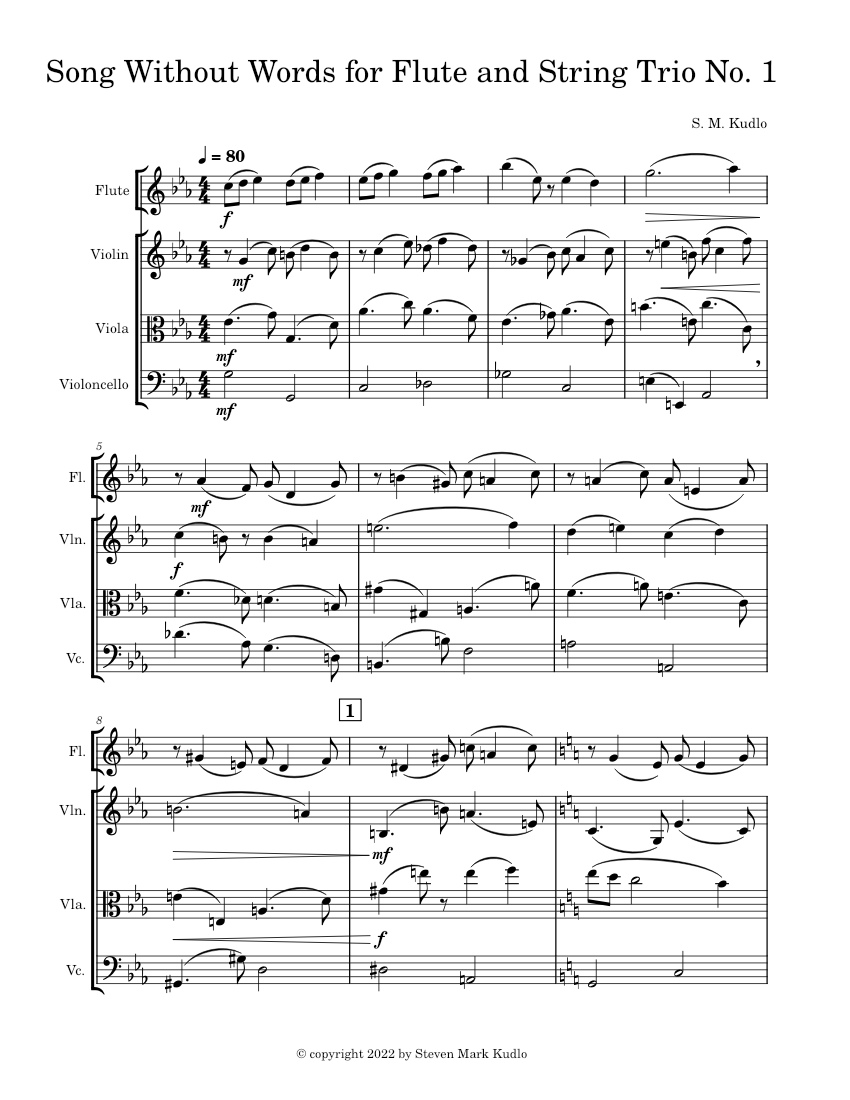 Song Without Words for Flute and String Trio No. 1 - Steven Kudlo Sheet ...