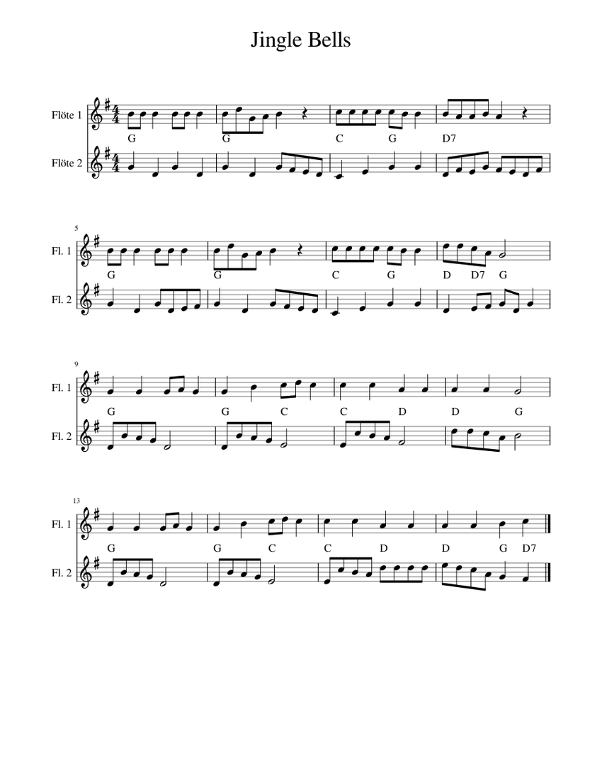 Jingle Bells (easy Duett, two Flutes) Sheet music for Flute (Woodwind ...