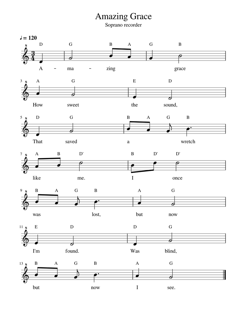 Amazing Grace Sheet Music for Recorder (Solo) | MuseScore.com