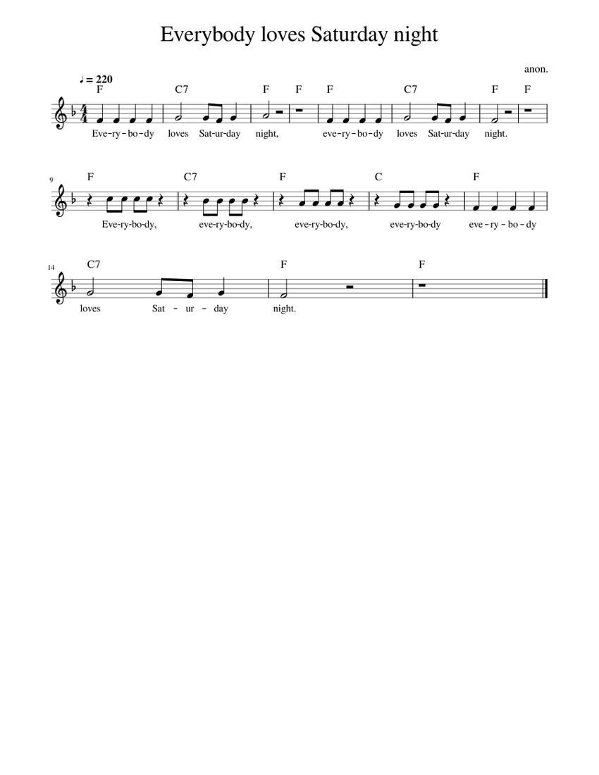 Everybody loves Saturday night Sheet music for Piano (Solo) Easy ...