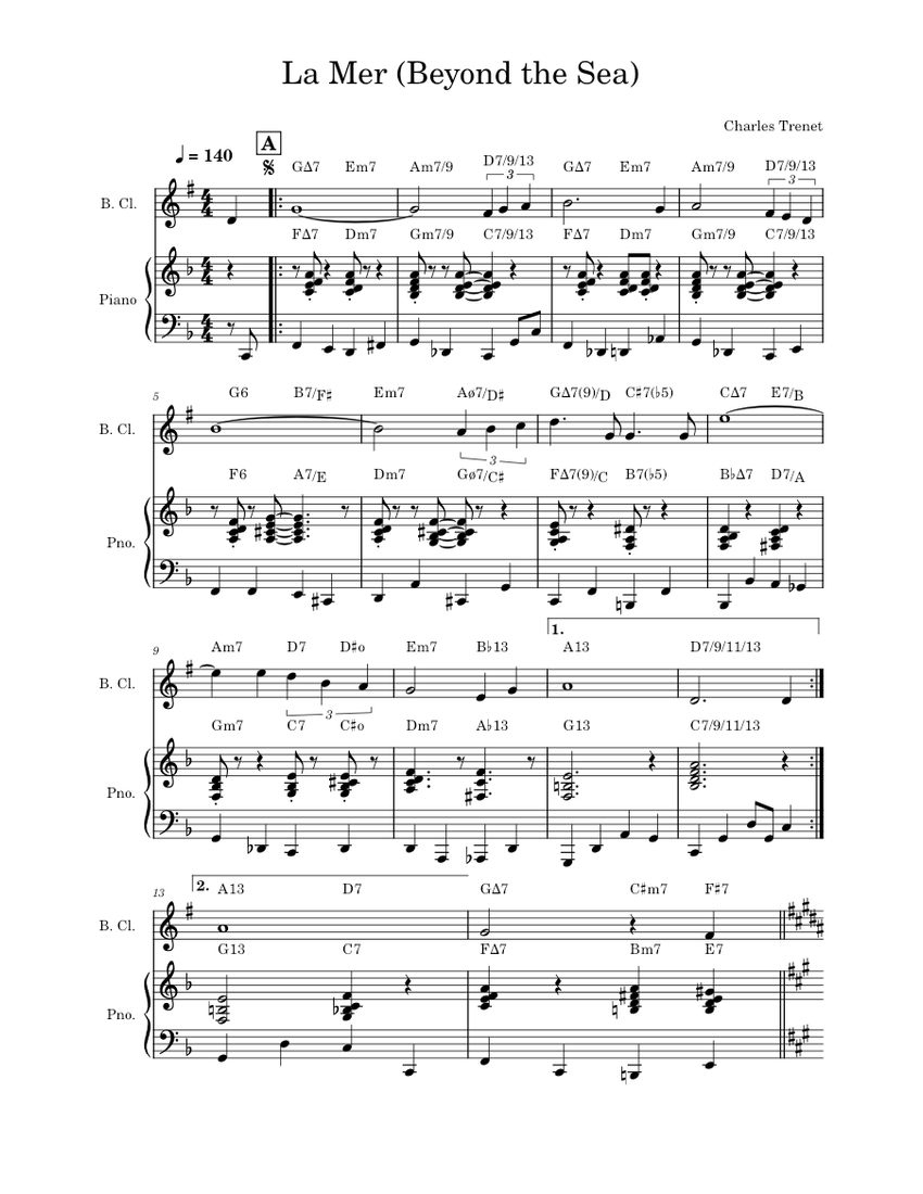 La Mer – Charles Trenet Sheet Music with Chords for Piano, Clarinet ...