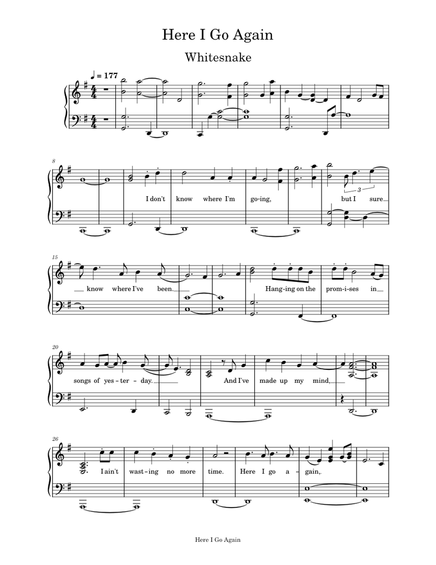Whitesnake - Here I Go Again Sheet Music for Piano (Solo) | MuseScore.com