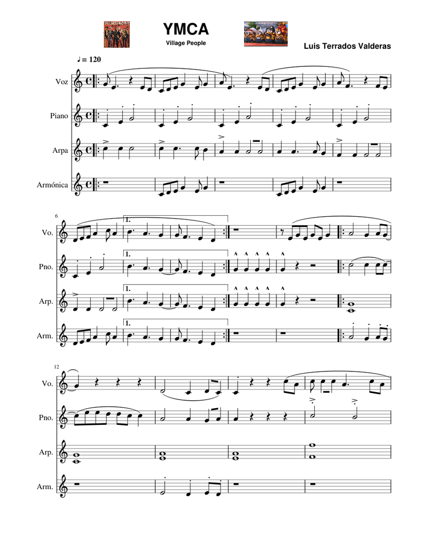 YMCA (Village People) Sheet Music for Piano, Vocals, Harp, Harmonica ...