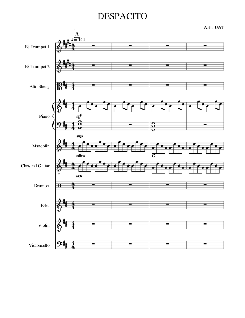 DESPACITO Sheet Music with Chords for Piano, Trumpet in b-flat, Violin ...