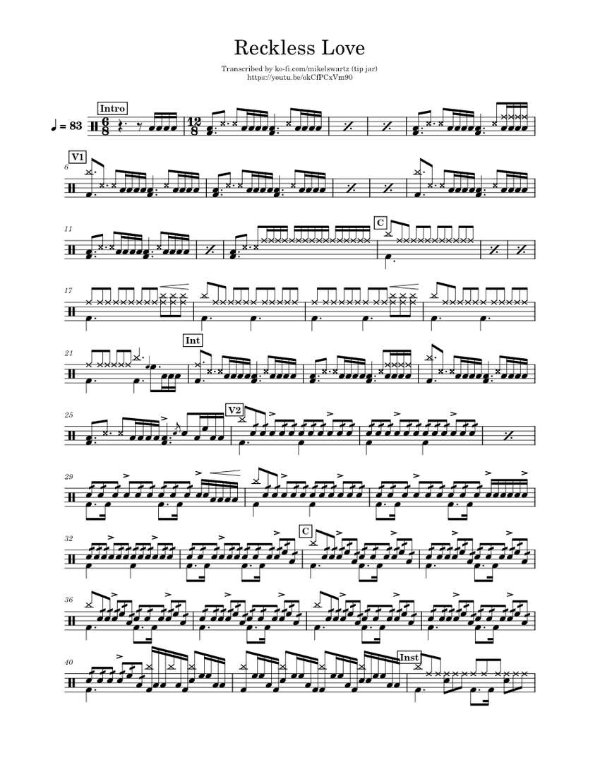 Reckless Love – Cory Asbury Sheet music for Drum group (Solo ...
