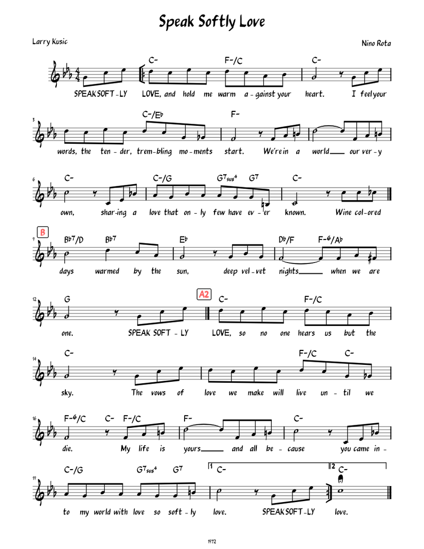 Speak Softly Love (Lead sheeet with lyrics ) Sheet Music with Chords ...