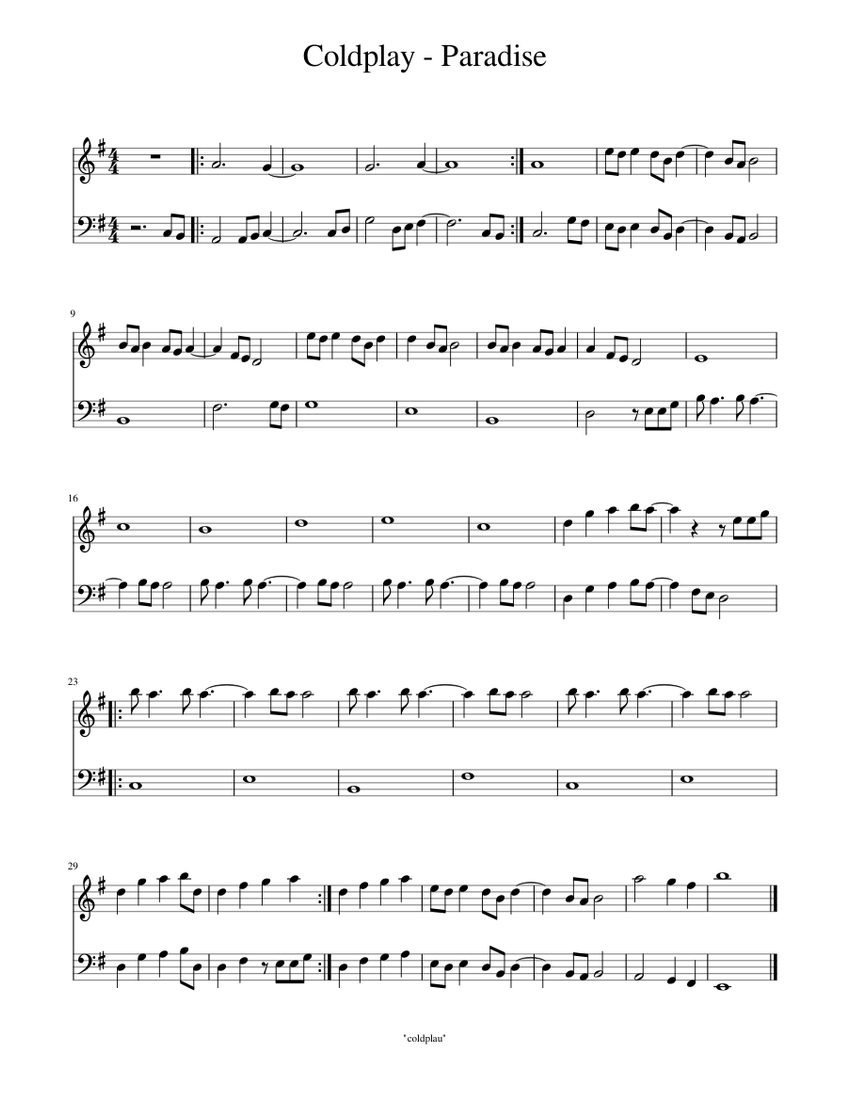 coldplay paradise Sheet Music for Violin, Cello (String Duet) | MuseScore.com