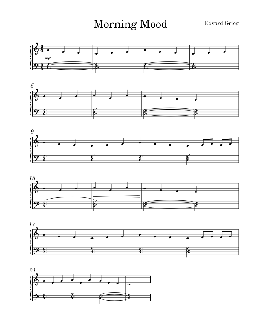 Morning Mood – Edvard Grieg Sheet Music for Piano (Solo) Easy ...