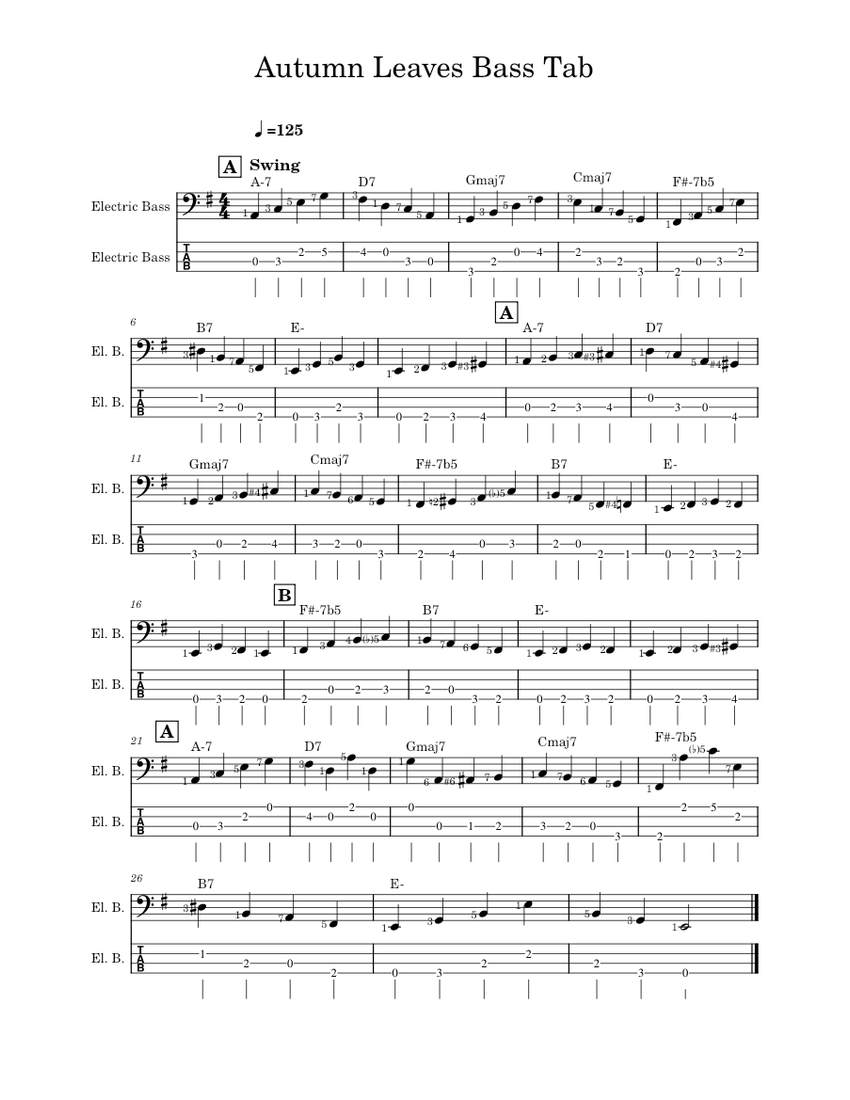 Autumn Leaves Walking Bass Tab Sheet Music for Bass guitar (Solo ...
