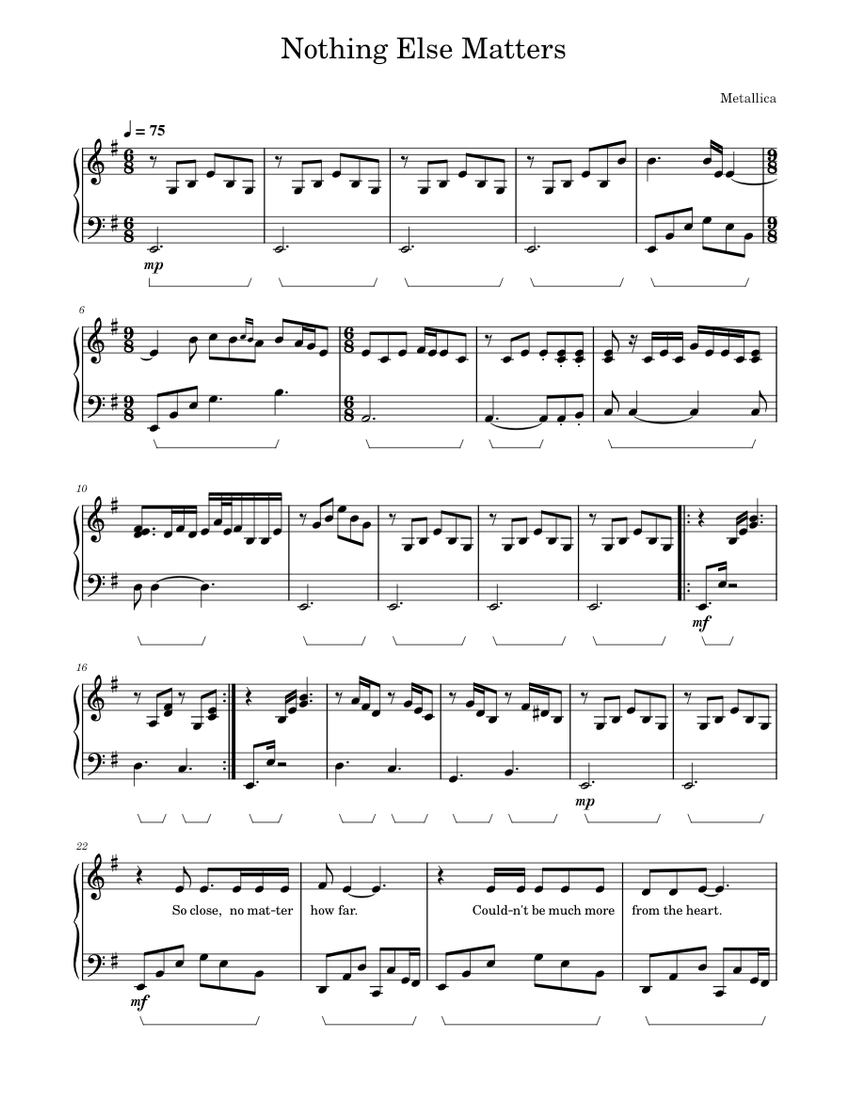 Nothing Else Matters - Metallica Sheet Music for Piano (Solo ...