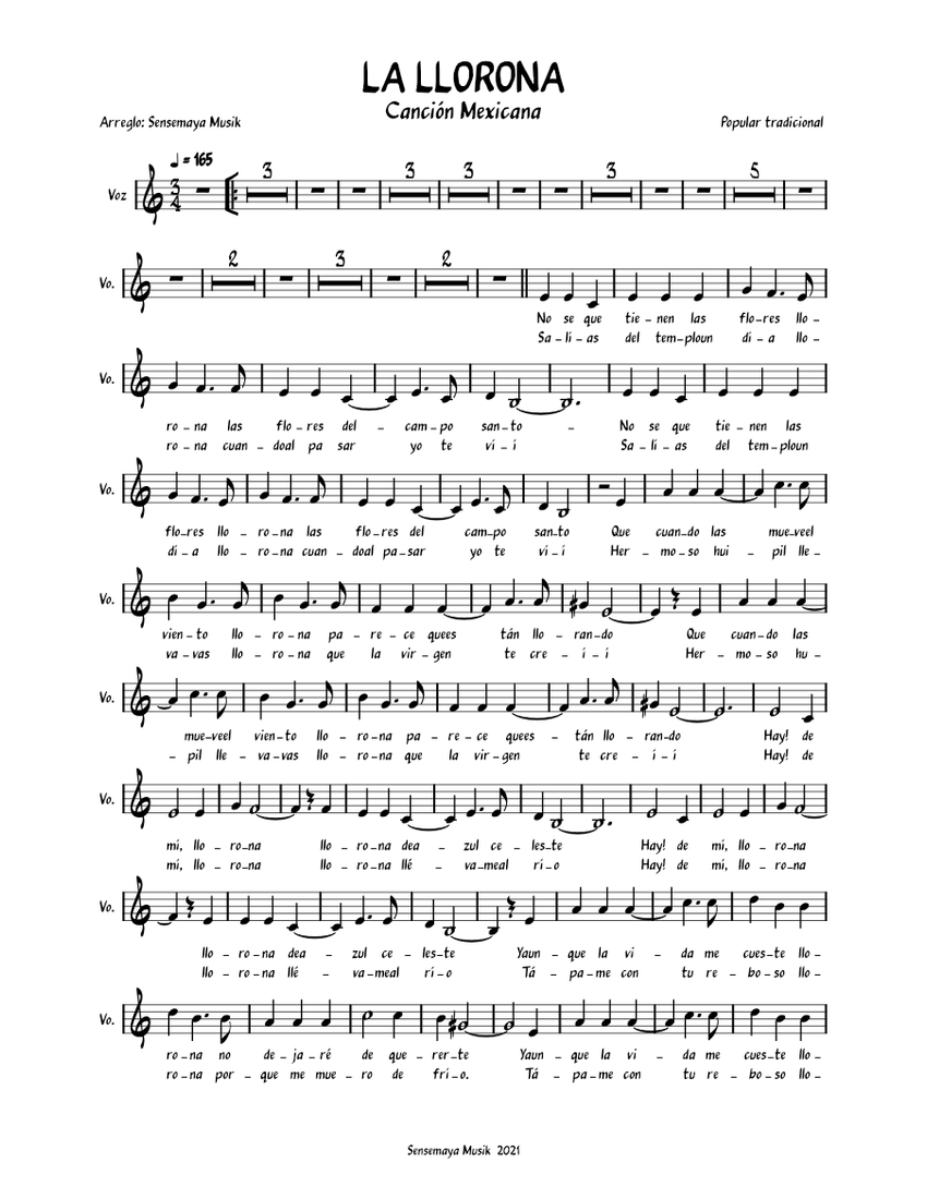 LA LLORONA Sheet Music and Tab with Chords for Vocals (Solo ...