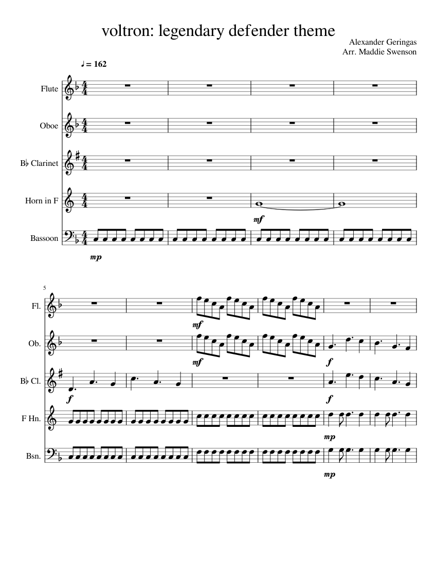 Voltron: Legendary Defender Theme Sheet music for Flute, Oboe, Clarinet ...