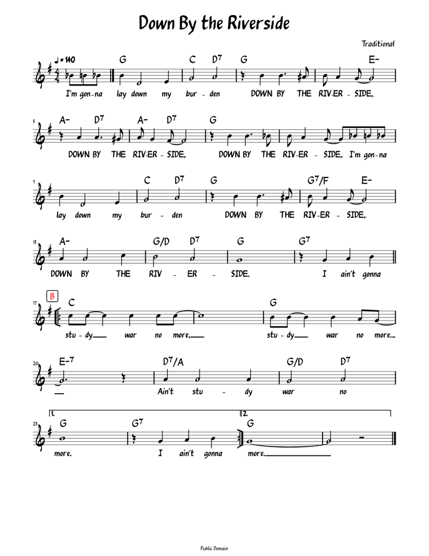 Down By the Riverside (Lead sheet with lyrics ) Sheet music for Piano ...