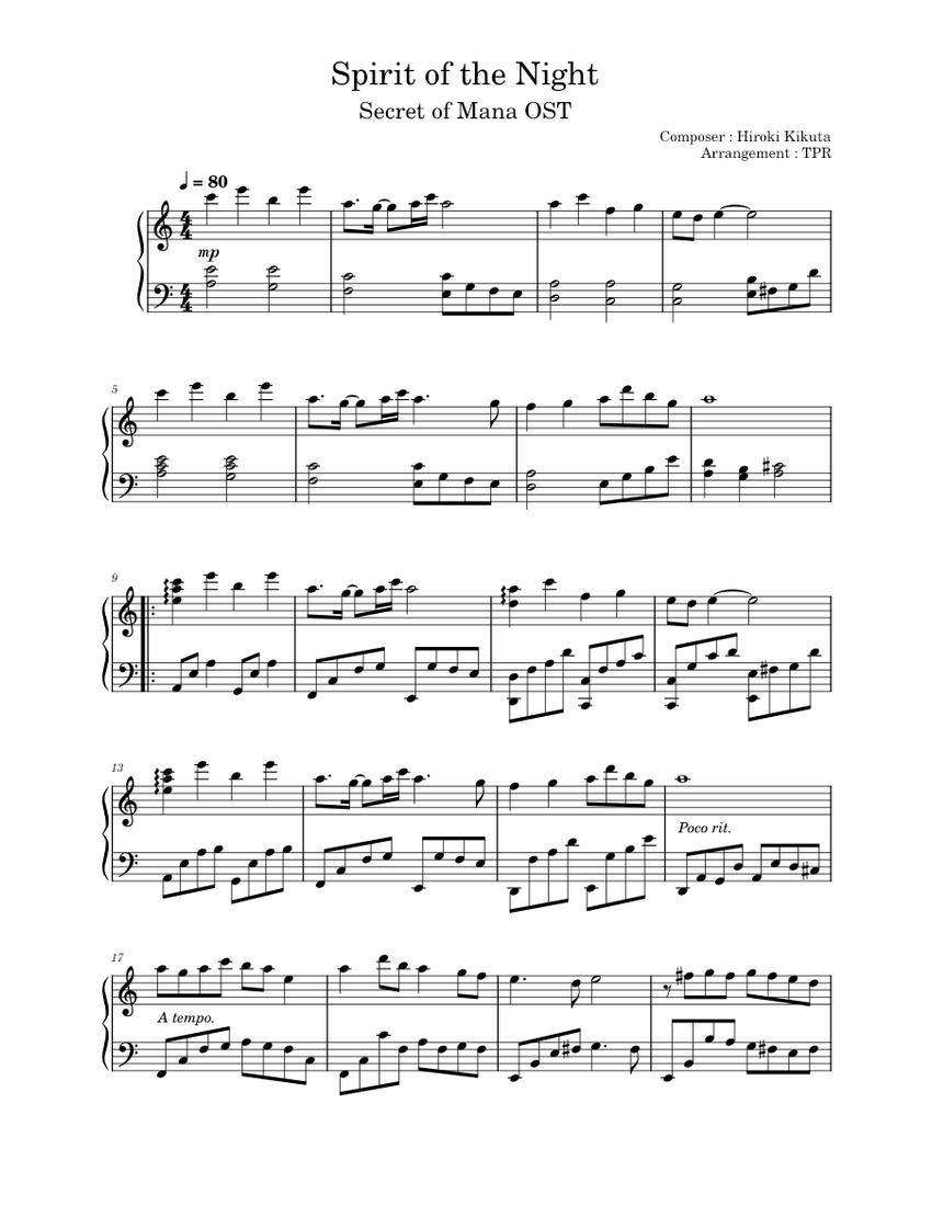 Secret of Mana OST - Spirit of the Night (Arranged by TPR) Sheet Music ...