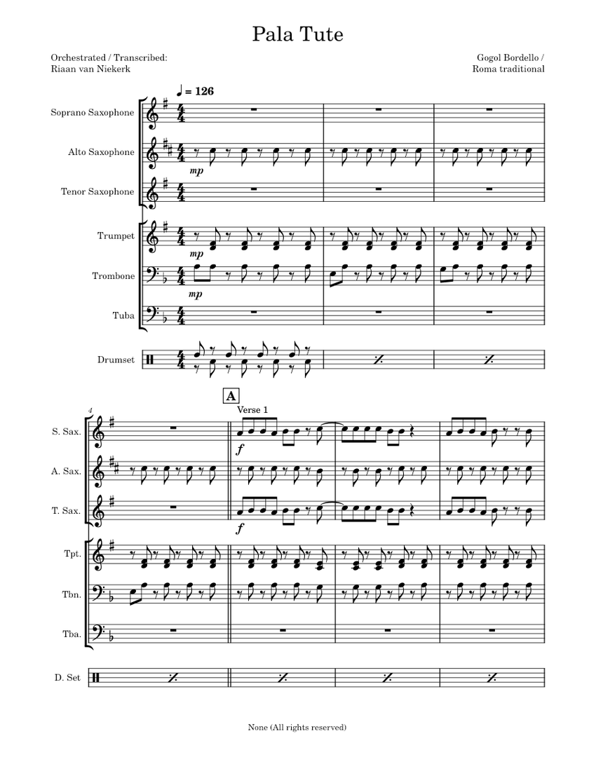 Pala Tute - Gogol Bordello Sheet Music for Trombone, Tuba, Saxophone ...