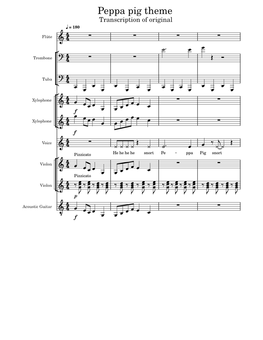 Peppa Pig Theme Full Score Sheet Music for Trombone, Tuba, Vocals ...