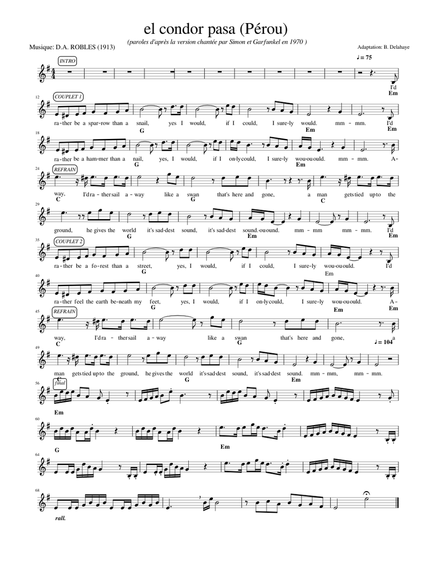 el condor pasa Sheet Music with Chords for Piano, Flute piccolo, Flute ...