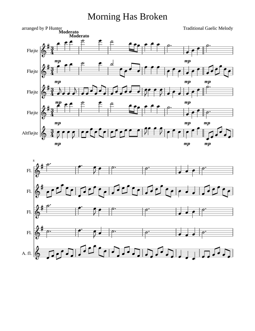 Morning Has Broken Sheet music for Flute, Flute alto (Mixed Quintet ...