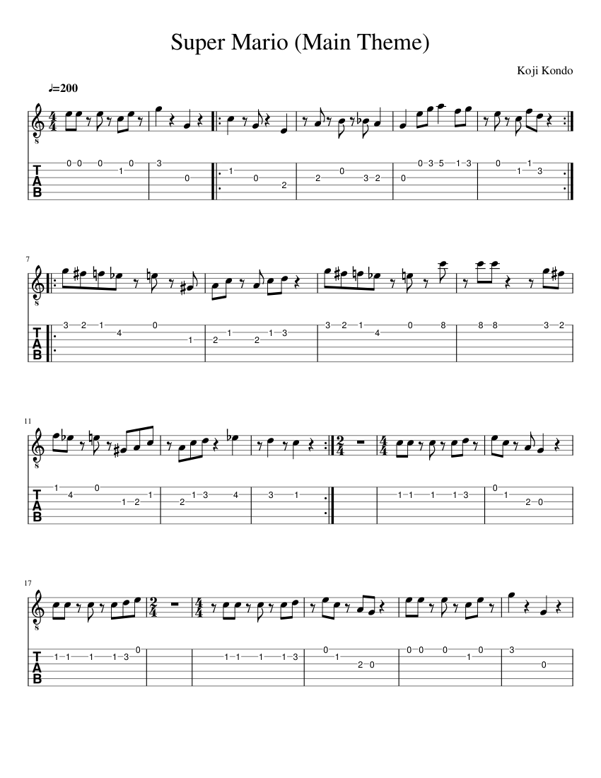 Super Mario Main Theme Sheet Music and Tab for Guitar (Solo ...