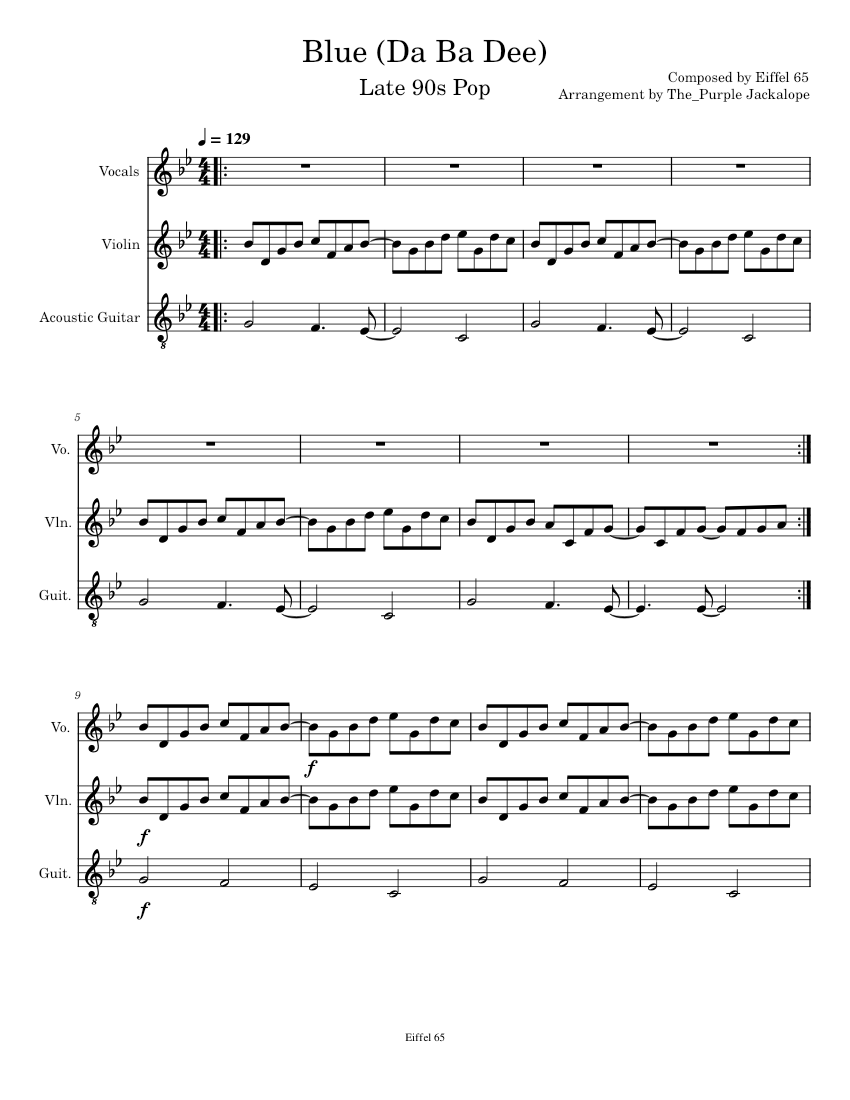 Blue (Da Ba Dee) Sheet Music for Piano, Violin, Guitar (Mixed Trio ...