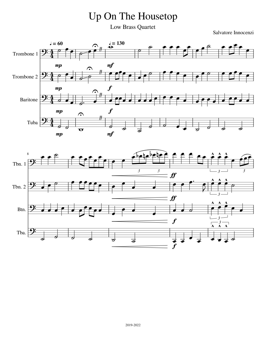 Up On The Housetop Sheet Music for Trombone, Tuba (Mixed Quartet ...