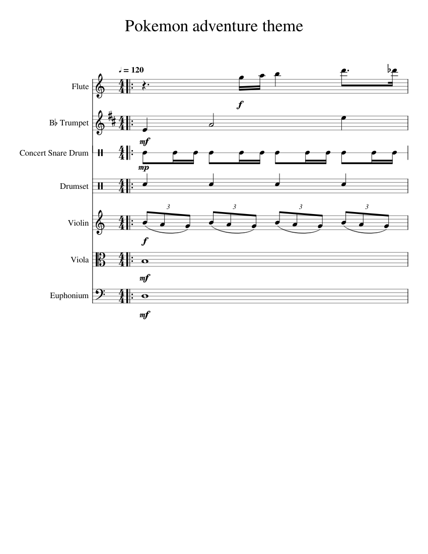 Pokemon adventure theme Sheet Music for Euphonium, Flute, Trumpet in b ...