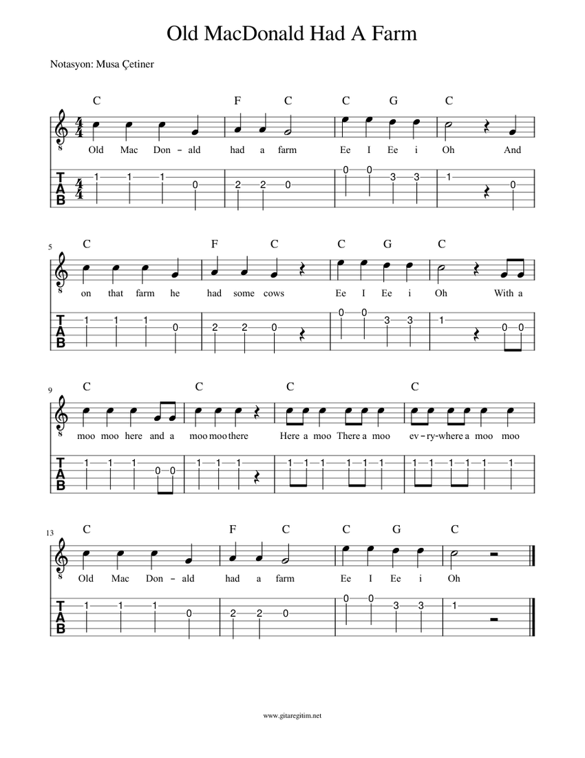 Old MacDonald Had A Farm Sheet Music and Tab with Chords for Guitar ...