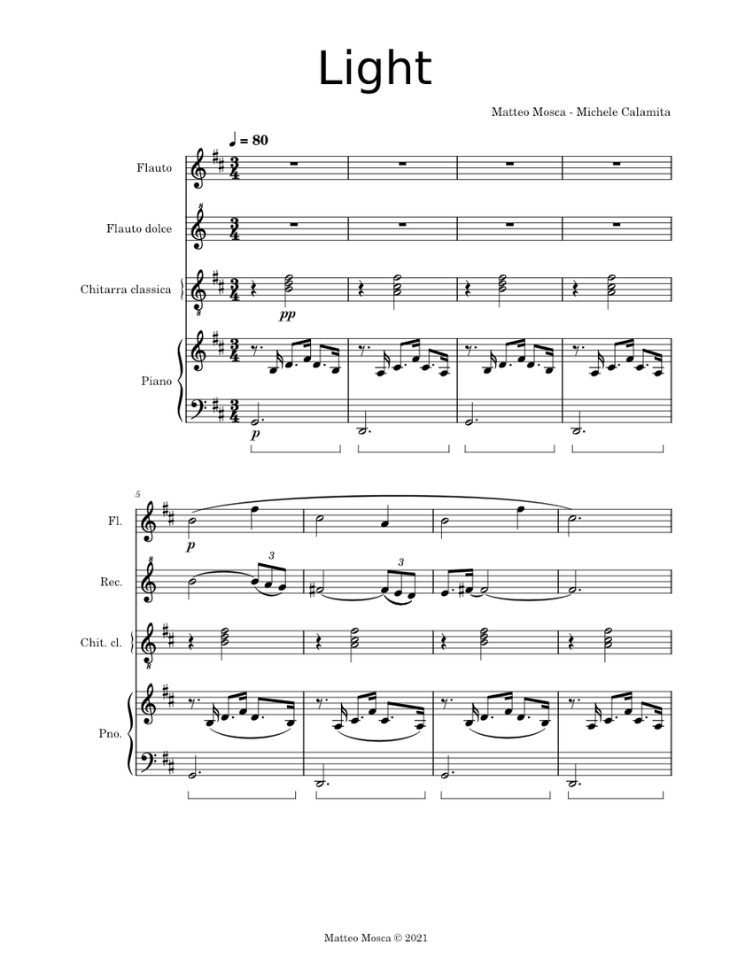 Light - Matteo Mosca - Michele Calamita Sheet music for Piano, Flute, Guitar, Recorder (Woodwind ...