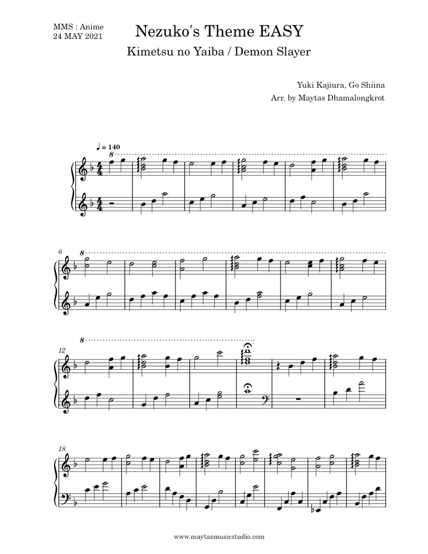 Nezuko's Theme – Demon Slayer [EASY] arr by Maytas Dhamalongkrot Sheet ...