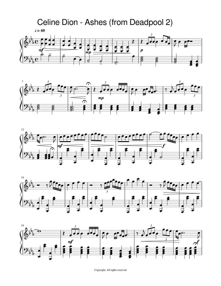 Ashes Deadpool 2 Sheet Music For Piano Solo