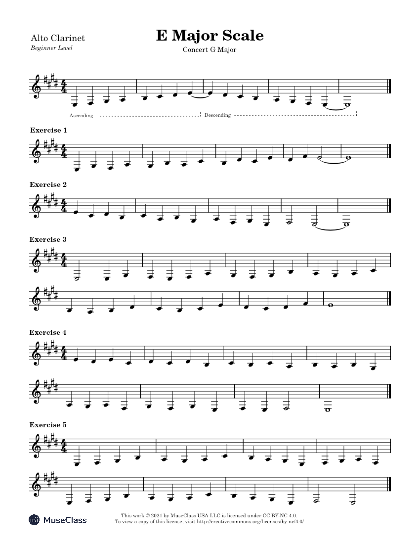 Concert G Major Scale Exercises-Beginner for Alto Clarinet Sheet Music ...