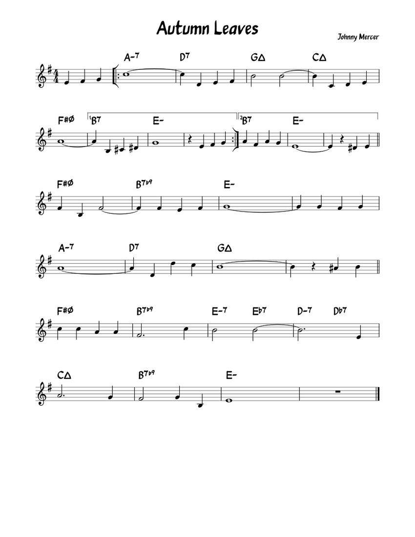 Autumn Leaves Sheet Music with Chords for Piano (Solo) easy | MuseScore.com