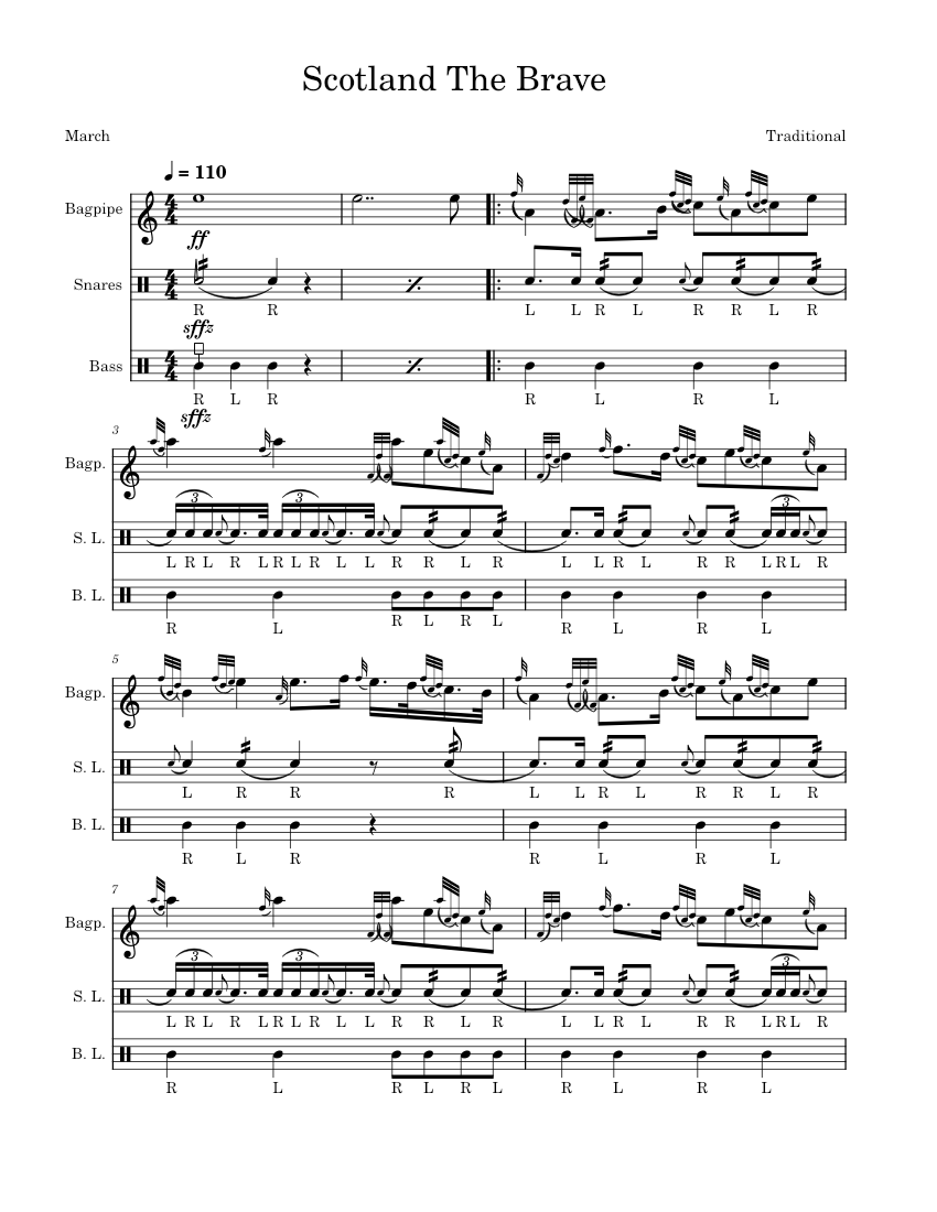 Scotland The Brave Sheet music for Snare drum, Bass drum, Pipes (Mixed ...