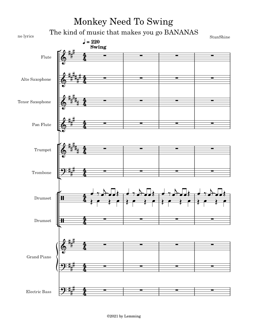 Monkey_Need_To_Swing Sheet Music for Piano, Trombone, Flute, Saxophone alto & more instruments ...