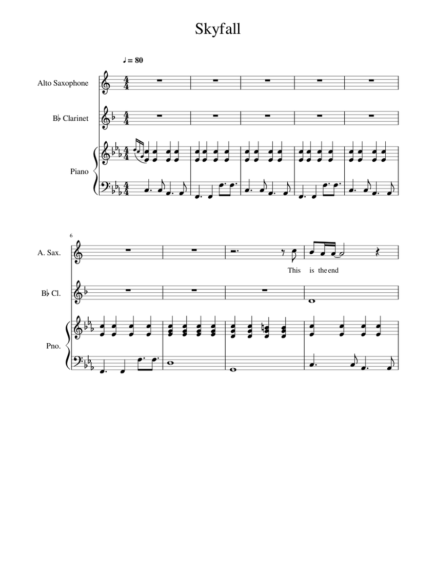 Skyfall Sheet music for Piano, Clarinet in b-flat, Saxophone alto ...